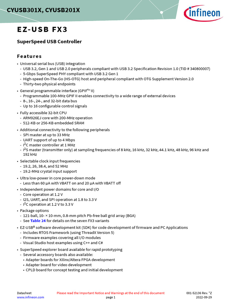 Infineon FX3 SUPERSPEED USB CONTROLLER-DataSheet-v21 00 | PDF | Usb ...