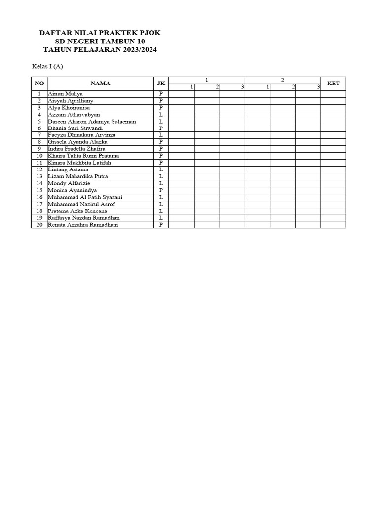 Daftar Penilaian PJOK 2024 | PDF