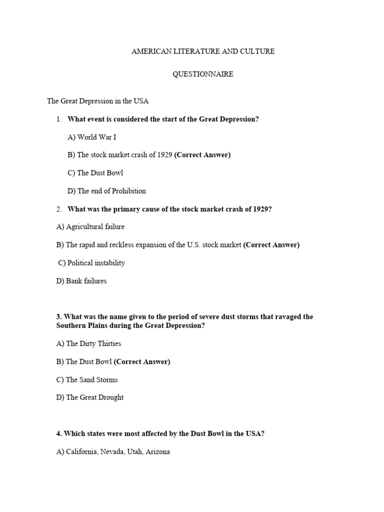 American Literature and Culture Questionnaire Unit 3 | PDF | Dust Bowl ...