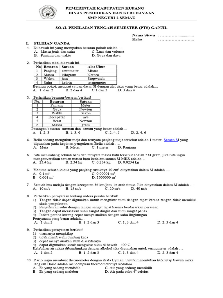 Soal PTS KLS Vii 2023-2024 | PDF | Metode & Bahan Ajar | Sains & Matematika