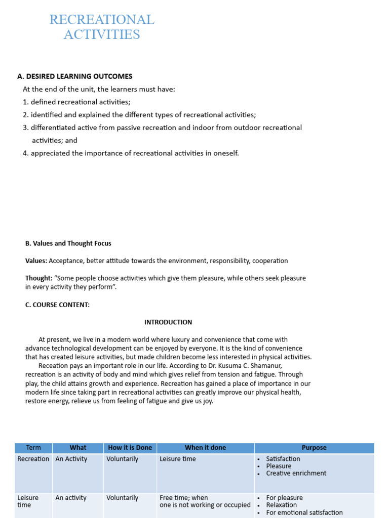 Recreational Activities | PDF | Recreation | Pleasure