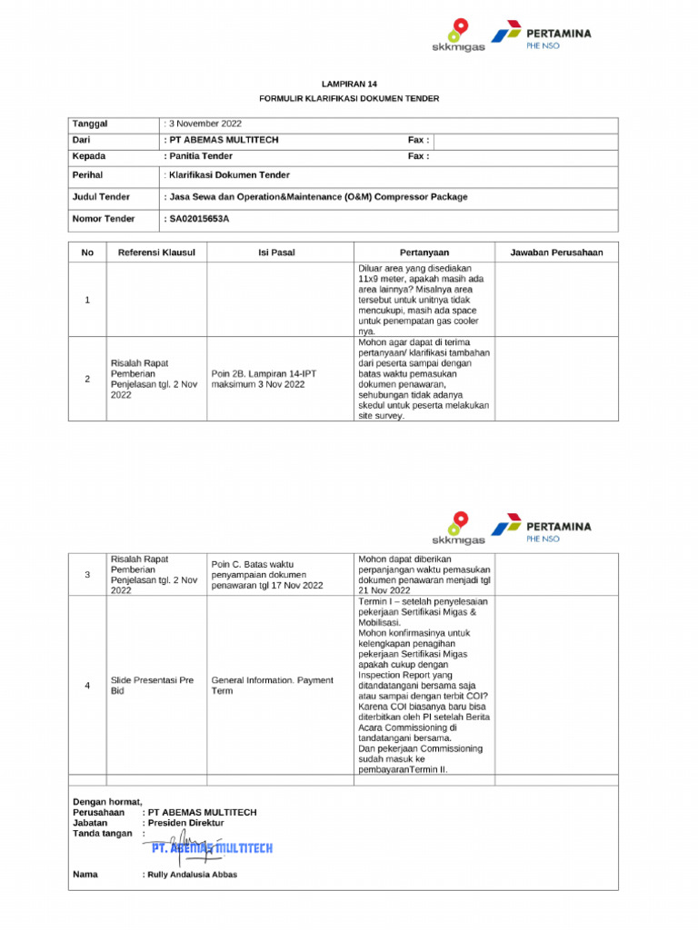 3.5.4 SA02015653A Lampiran 14 Formulir Klarifikasi Dokumen Tender - PT ABEMAS MULTITECH | PDF