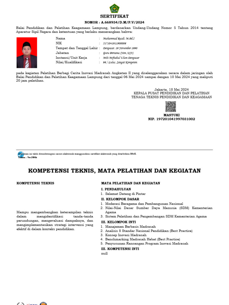 Kumpulan Sertifikat Sipintar Rusdi Kemenag 2024 | PDF