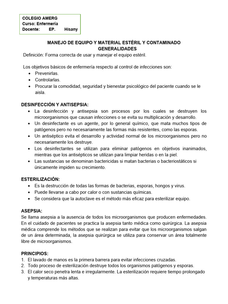 Manejo de Equipo y Material Estéril y Contaminado | PDF ...