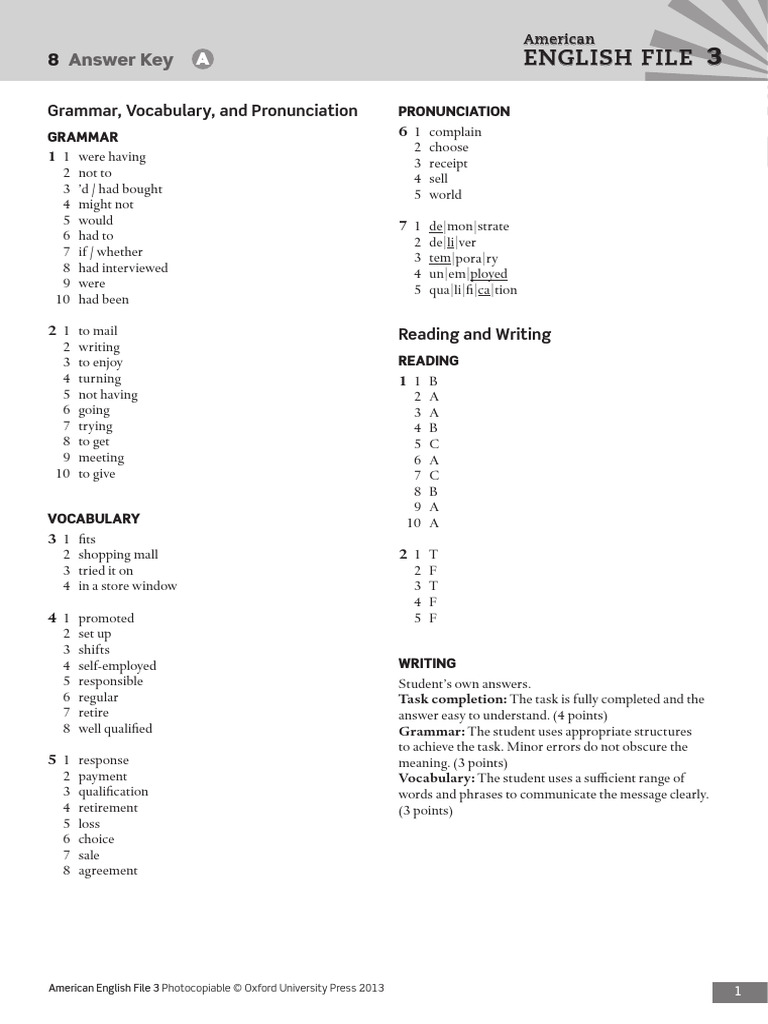 AEF3-File8-A&B-Answer-Key (WWW - Languagecentre.ir) | PDF | English ...