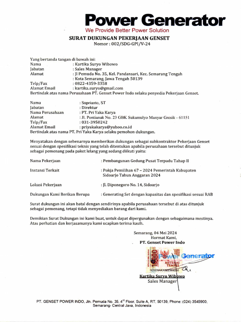 Surat Dukungan Genset | PDF