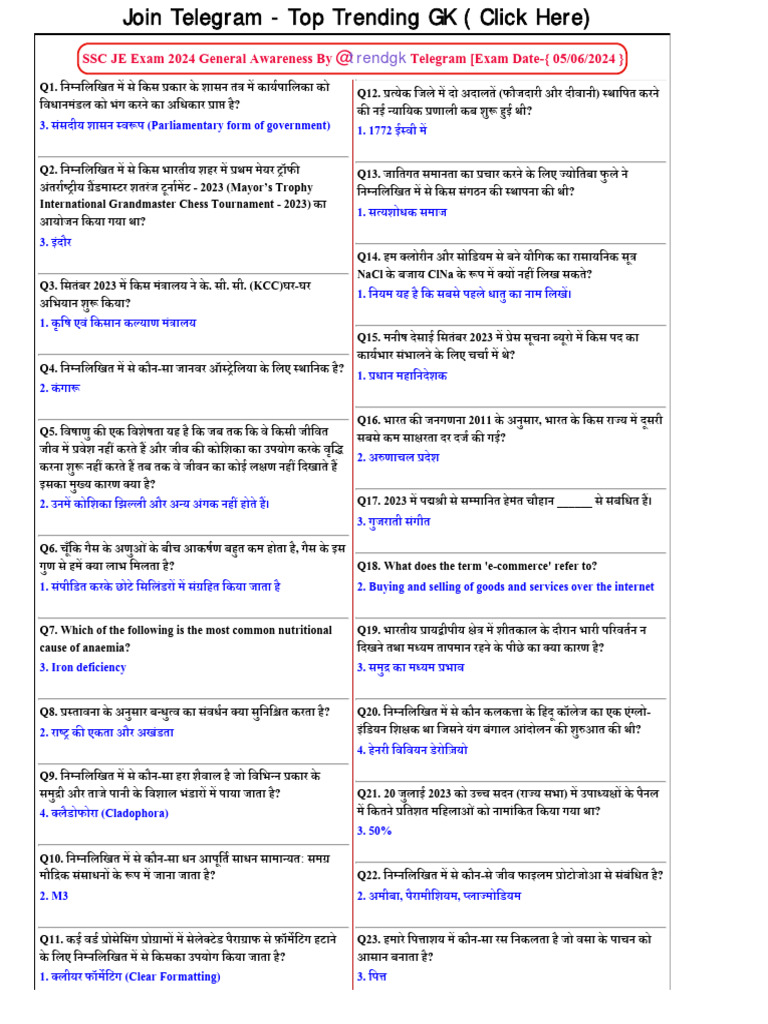 SSC Je GK Pyq 2024 | PDF