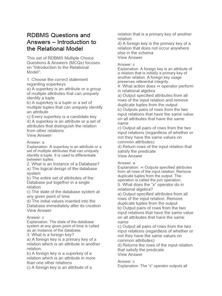 Complete RDBMS Questions | PDF | Relational Model | Relational Database