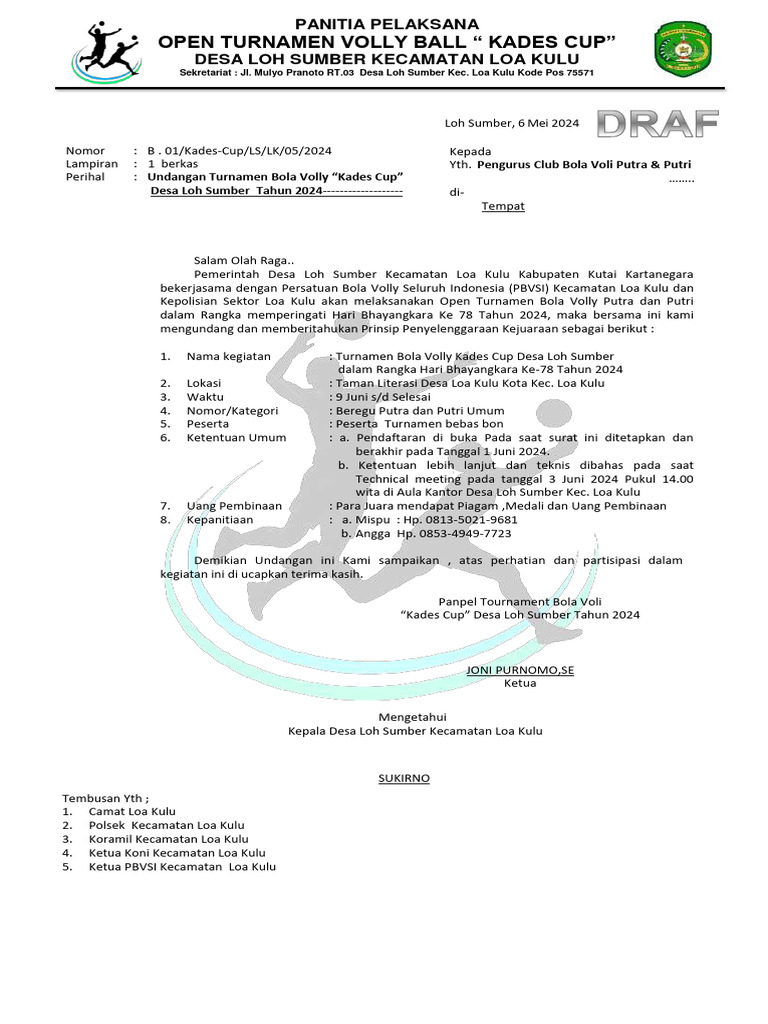 Undangan Dan PKP Tournament Kades Loh Sumber Cup 1 Tahun 2024 | PDF