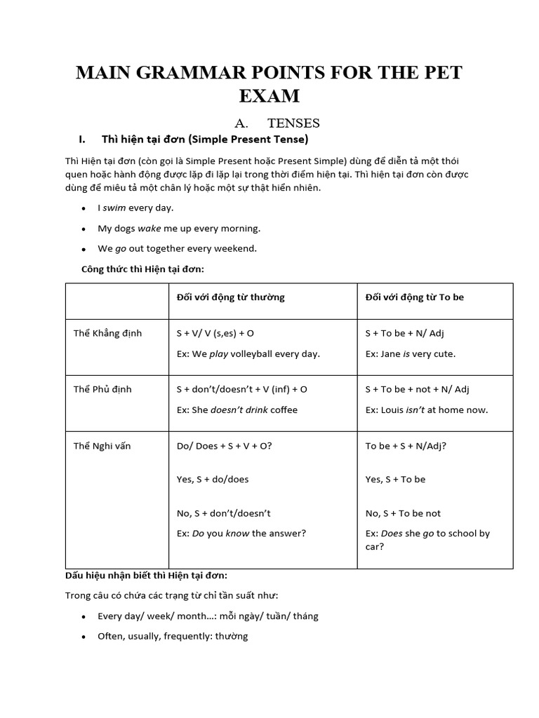 Main Grammar Points For The Pet Exam | PDF