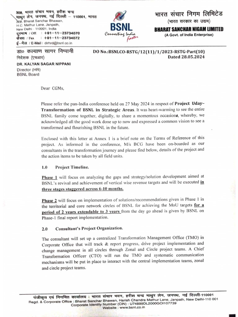 Project Uday-Transformation of BSNL in Strategic Areas Reg. | PDF