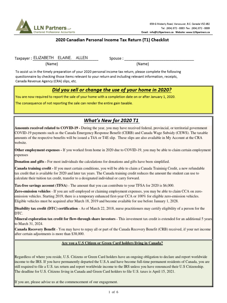 2020 T1 Tax Return Checklist Canada | PDF | Tax Deduction | Capital Gain