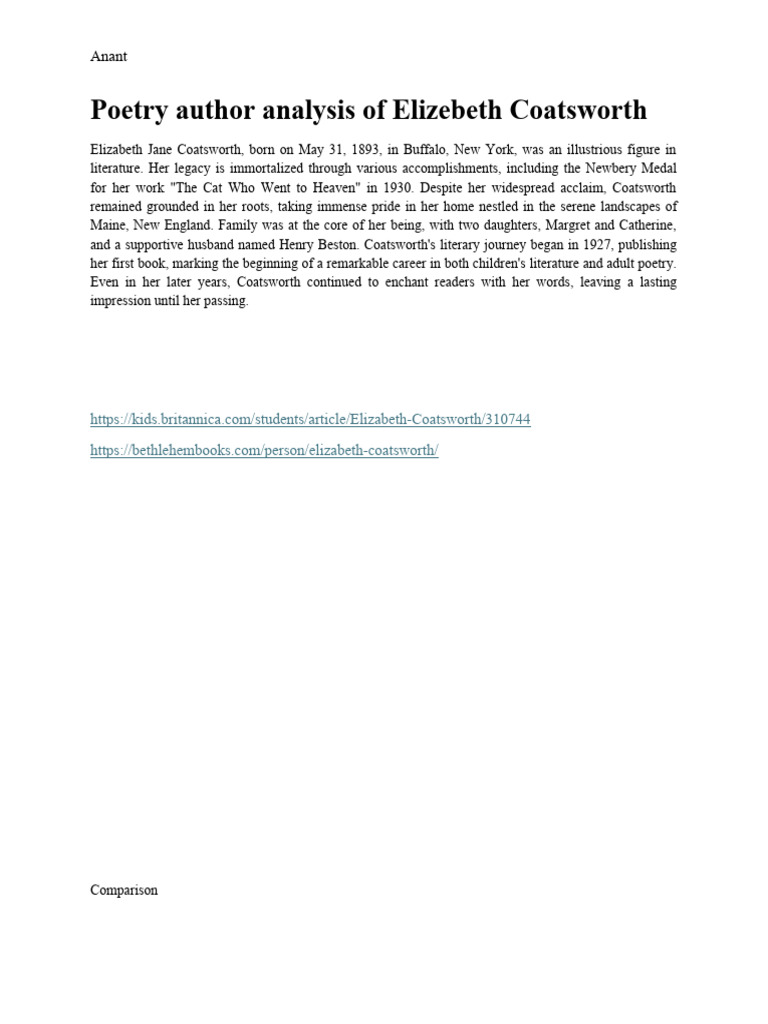Poetry Author Analysis of Elizebeth Coatsworth | PDF