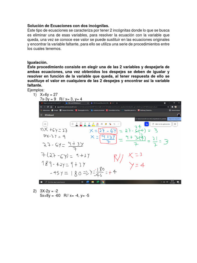Resolver Ecuaciones con Dos Incógnitas | PDF | Métodos y materiales de ...