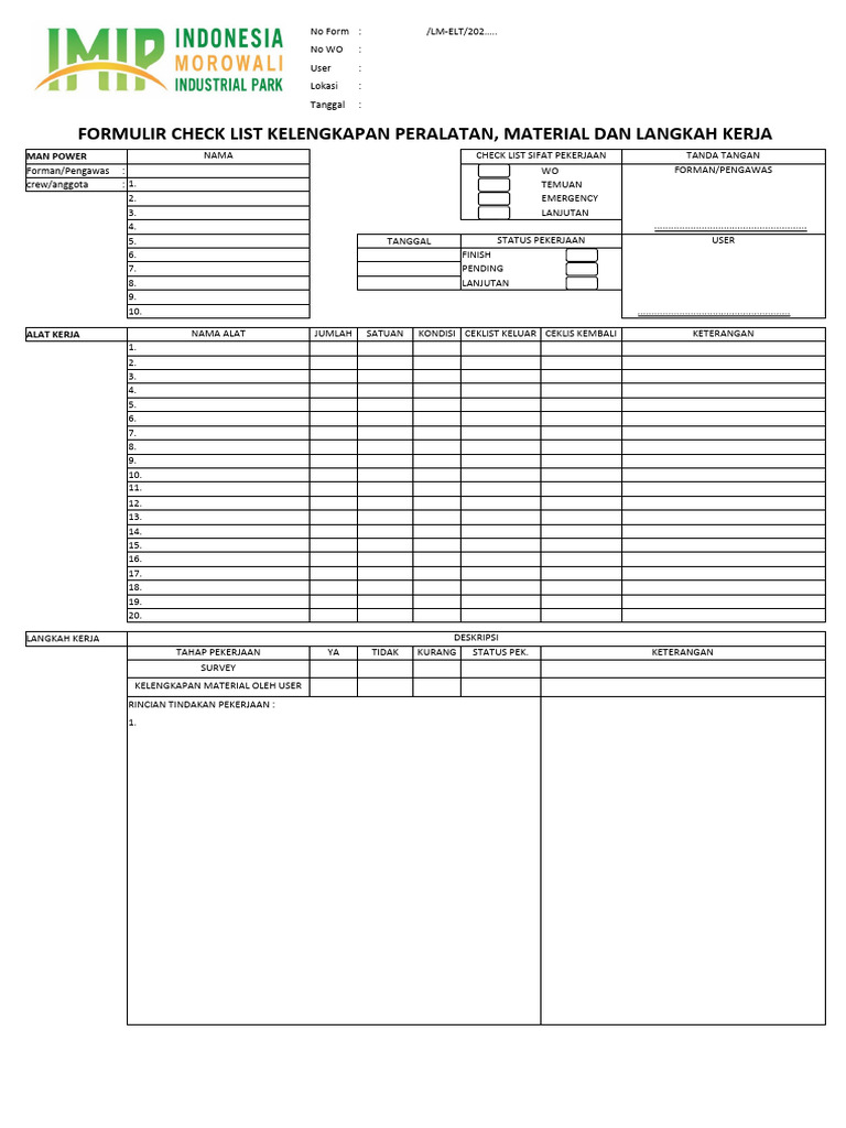 Formulir Check List Kelengkapan Peralatan, Material Dan Langkah Kerja | PDF