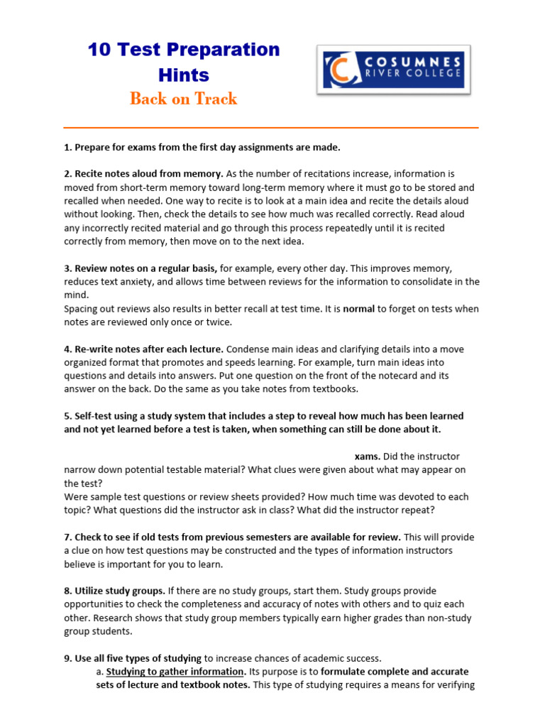 10 Best Test Preparation Hints | PDF | Memory | Learning