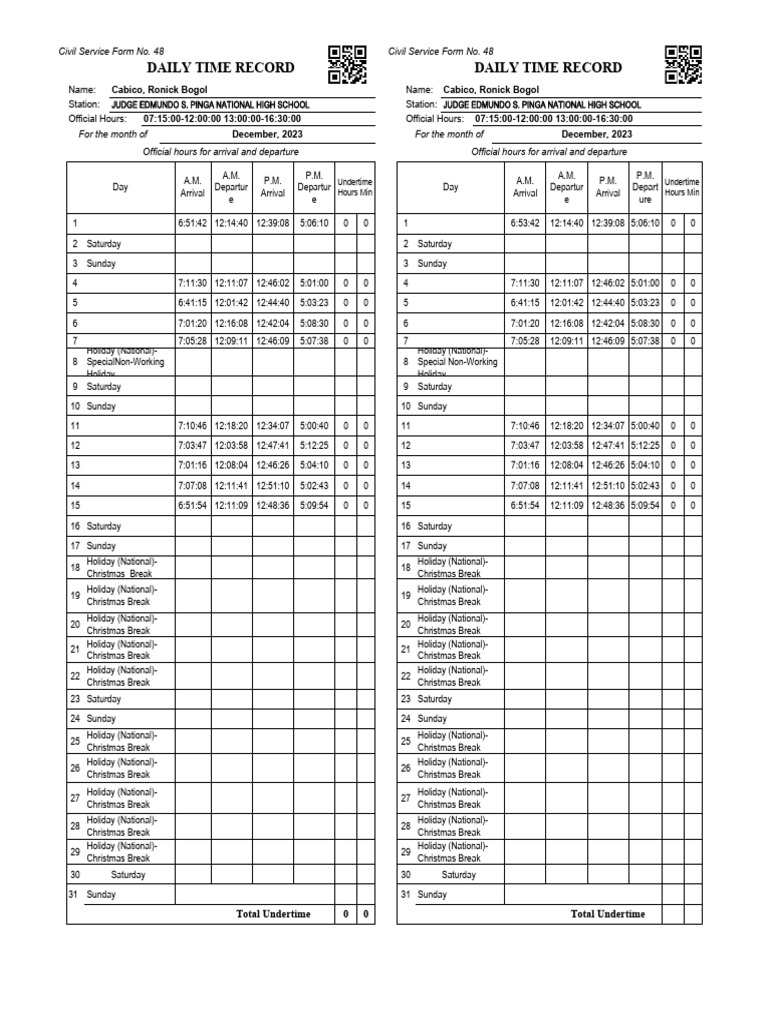 2023-DTR - December CABICO | PDF | Winter | Educational Organizations