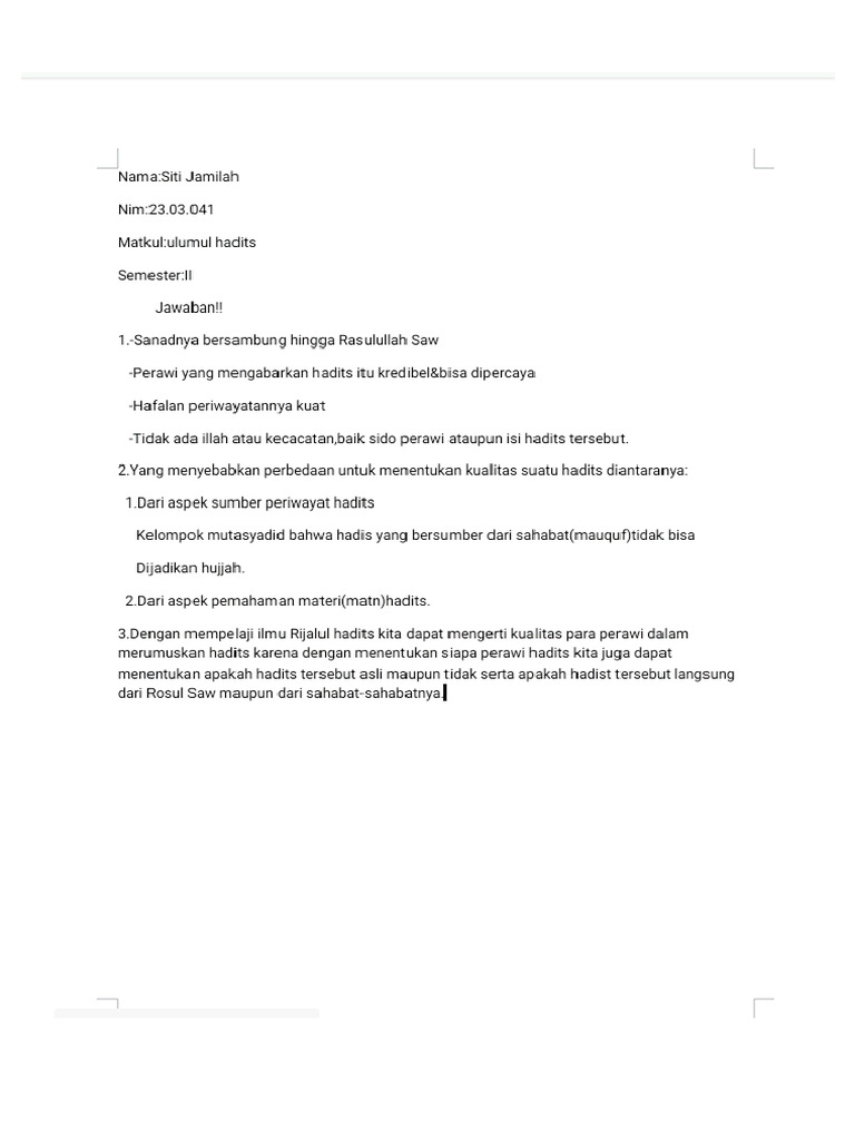 Jawaban UAS Ulumul Hadits Siti Jamilah | PDF