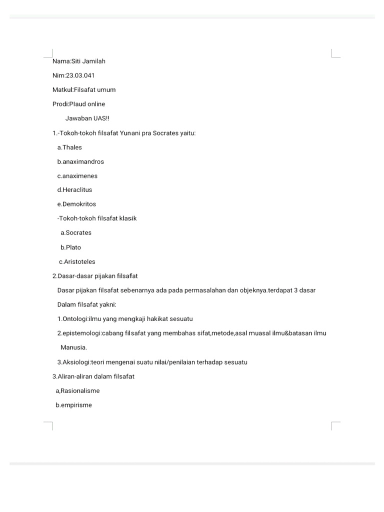 Jawaban UAS Filsafat Umum Siti Jamilah | PDF