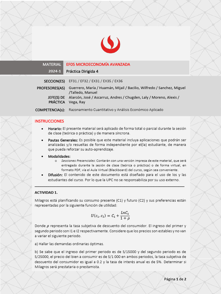 PD4 Microeconomía Avanzada 2024-01 VF | PDF | Excedente económico | Consumo (economía)