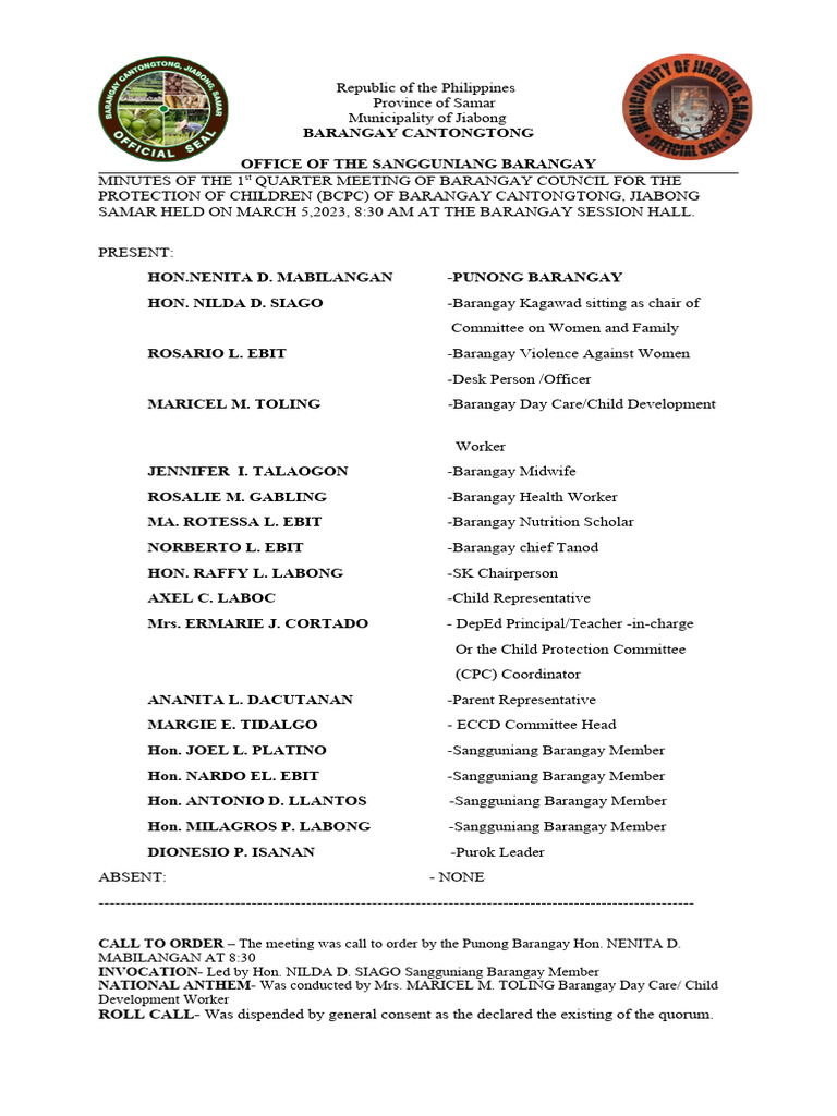 BCPC Minutes 1 | PDF | Social Science | Wellness