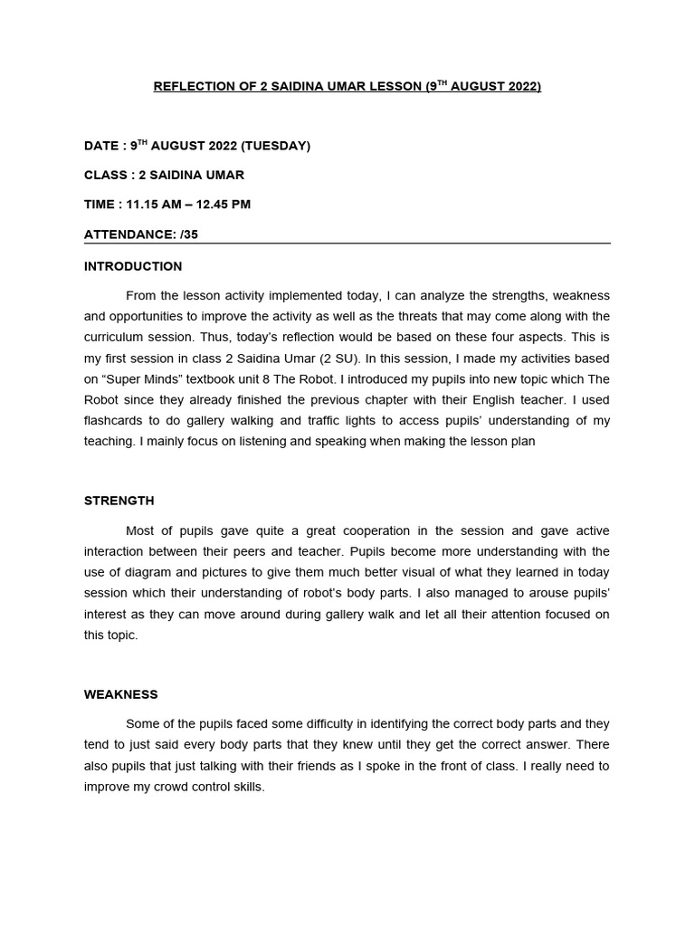 Classroom Reflection: 2 Saidina Umar | PDF | Lesson Plan | Teachers