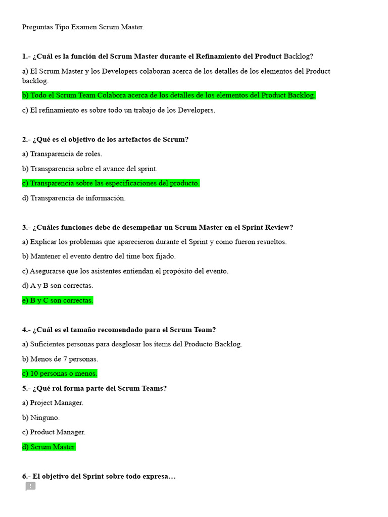 Preguntas Tipo Examen Scrum Master | PDF | Scrum (desarrollo de software) | Desarrollo Ágil de ...