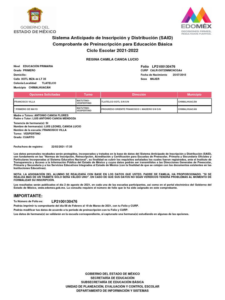 Acuse Preinscripciones LP2100130476 1614036969274 | PDF | Educación de ...