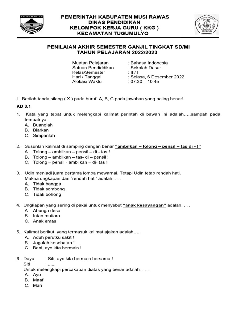 Soal Bhs Indonesia Kelas 2 | PDF