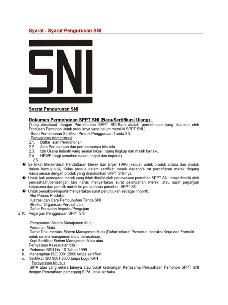 Syarat Pengurusan SNI Dokumen Permohonan SPPT SNI (Baru/Sertifikasi ...
