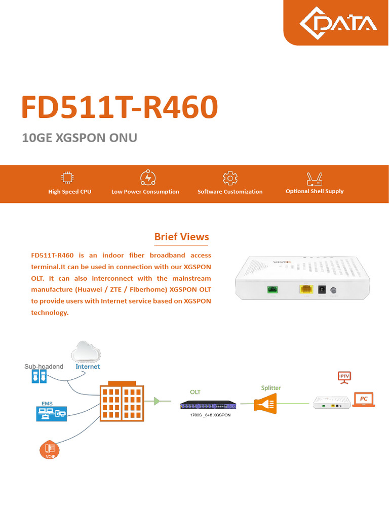 CDATA-XGSPON ONU - FD511T-R460 (10GE) Datasheet-V4.0 | PDF | Networking Standards | Internet