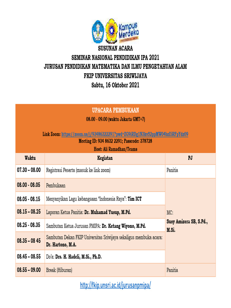 Final - Susunan Acara Semnas Ipa 2021 Jpmipa Fkip Unsri 141021 | PDF