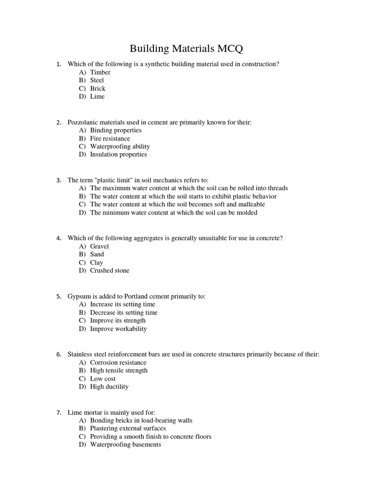 Building Materials MCQ Quiz | PDF | Concrete | Cement