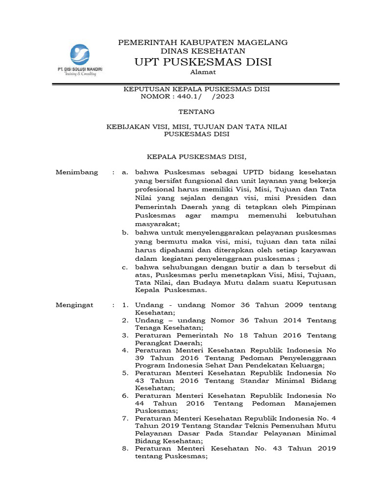 SK Visi, Misi, Tujuan Dan Tata Nilai | PDF