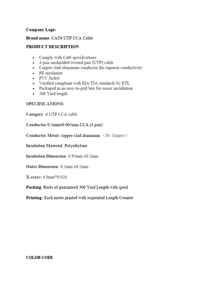 CAT6 UTP CCA Cable Specifications | PDF | Computers