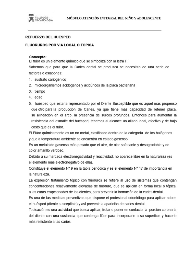 REFUERZO DEL HUESPED (Flúor) | PDF | Fluoruro | Flúor REFUERZO DEL HUESPED (Flúor) | PDF | Fluoruro | Flúor