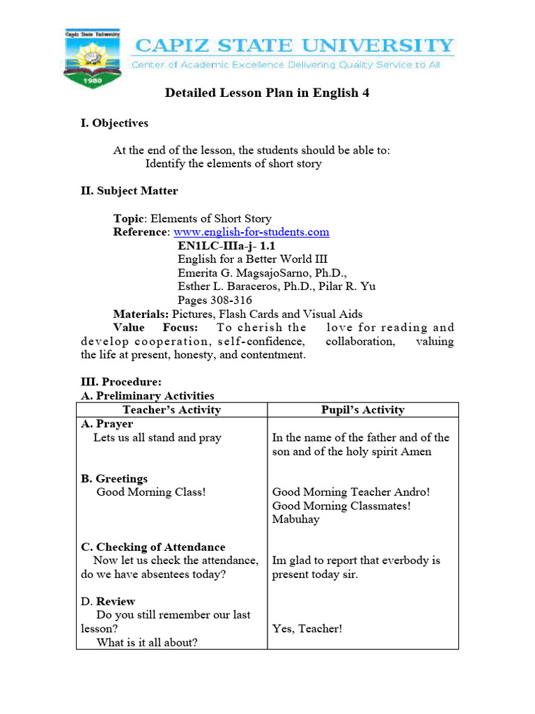 Elements of Short Story Lesson Plan | PDF | Lesson Plan | Trees