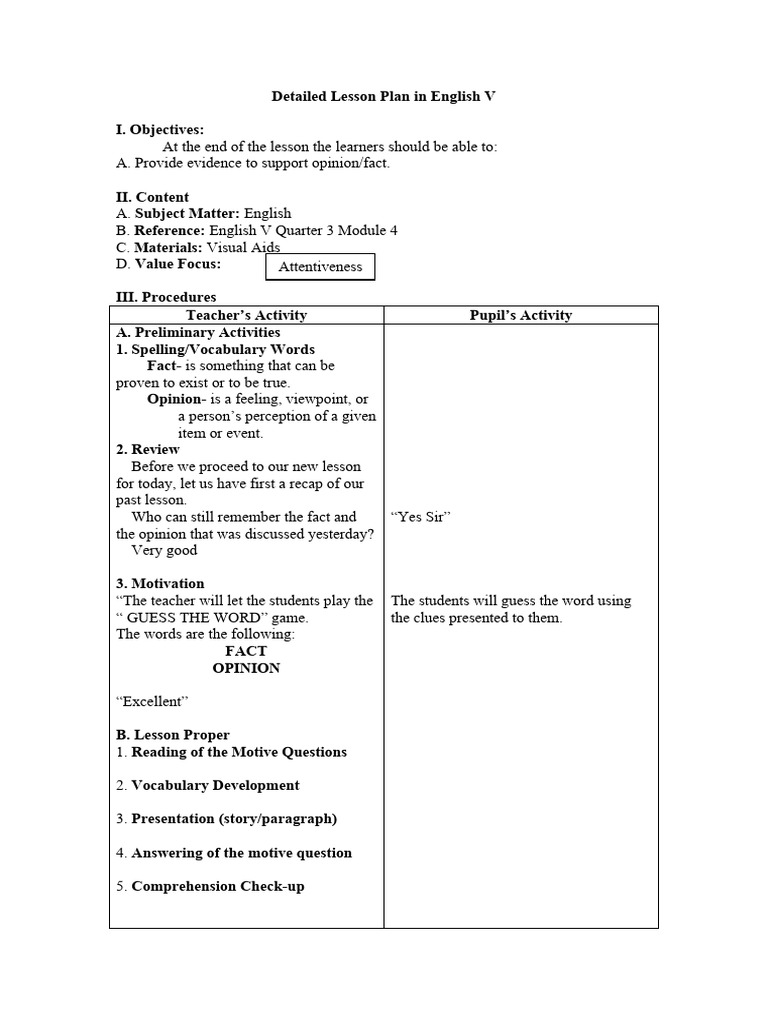 English V Lesson: Fact vs. Opinion | PDF | Lesson Plan | Cognitive Science