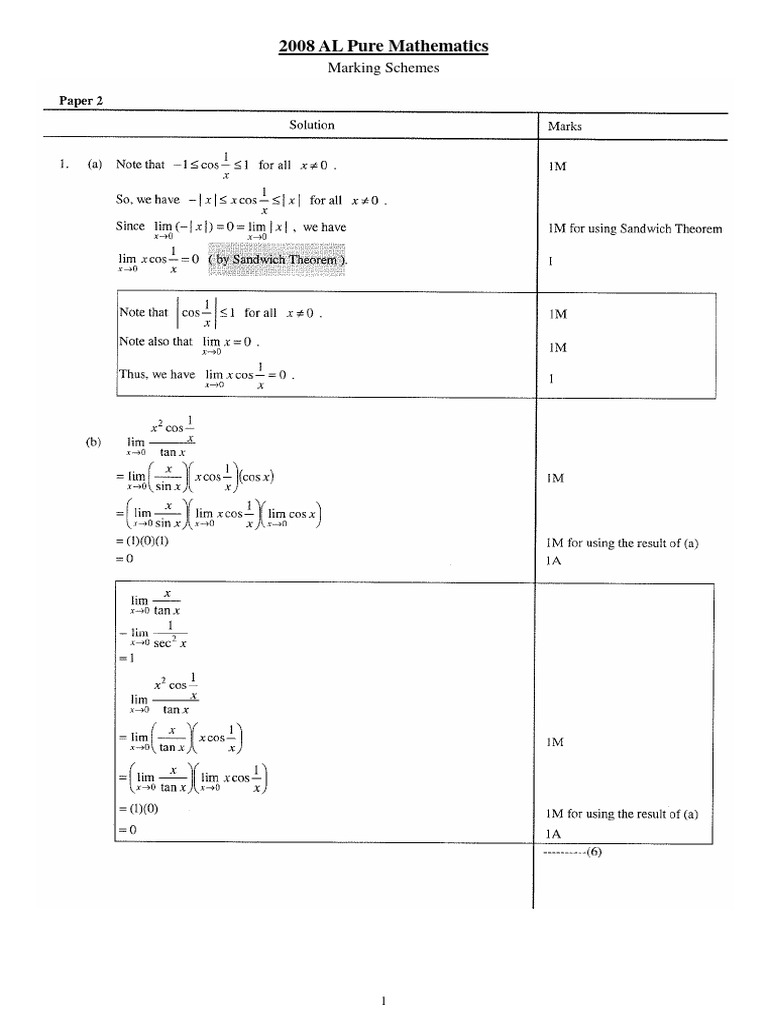 2008 AL Pure Maths Paper 2 Marking Schemes | PDF