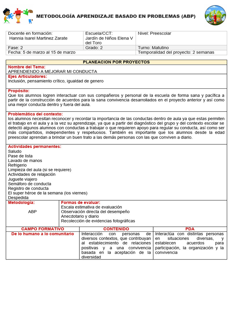 Formato_Planeación_Aprendizaje_Basado_en_Problemas[1] | PDF | Educación de la primera infancia ...