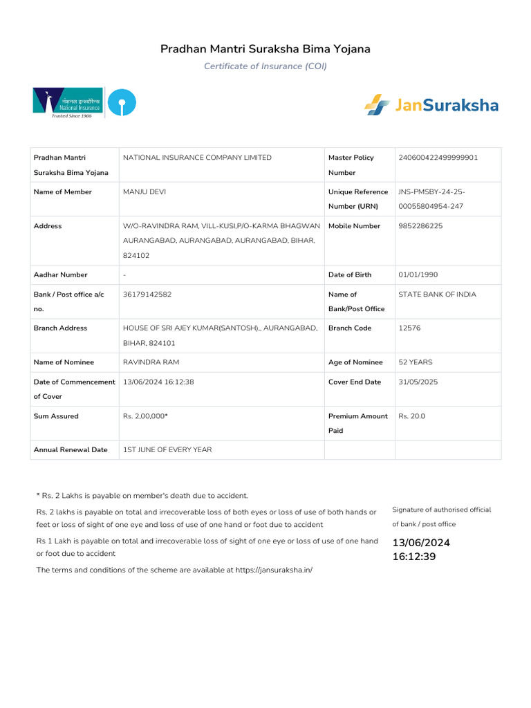 Coijansuraksha Jns Pmsby 24-25-00055804954 247 Pmsby | PDF | Financial ...