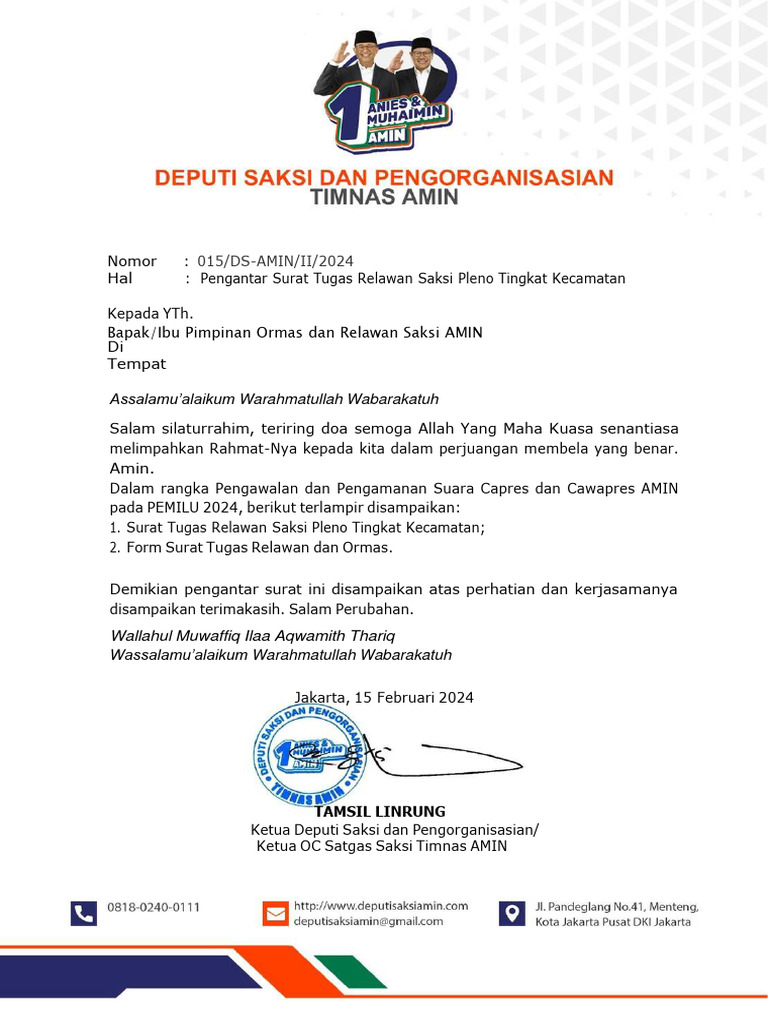 Surat Tugas Relawan Saksi Pleno Kecamatan | PDF