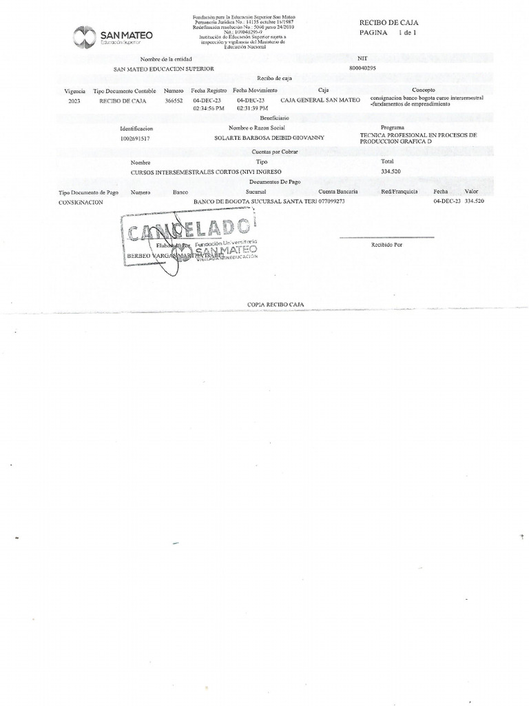 Recibo Curso Intersemestral | PDF