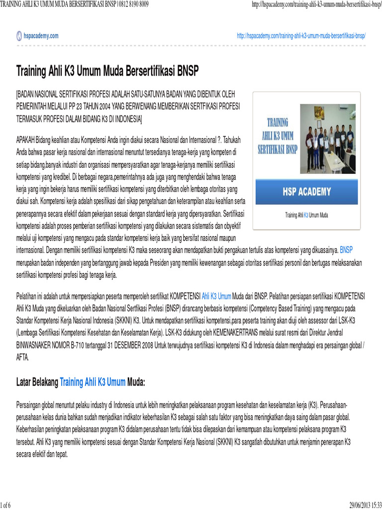 Training Ahli K3 Umum Muda Bersertifikasi BNSP - 0812 8190 8009 | PDF | Karier & Perkembangan ...