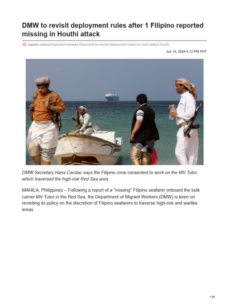 DMW To Revisit Deployment Rules After 1 Filipino Reported Missing in Houthi Attack | PDF ...