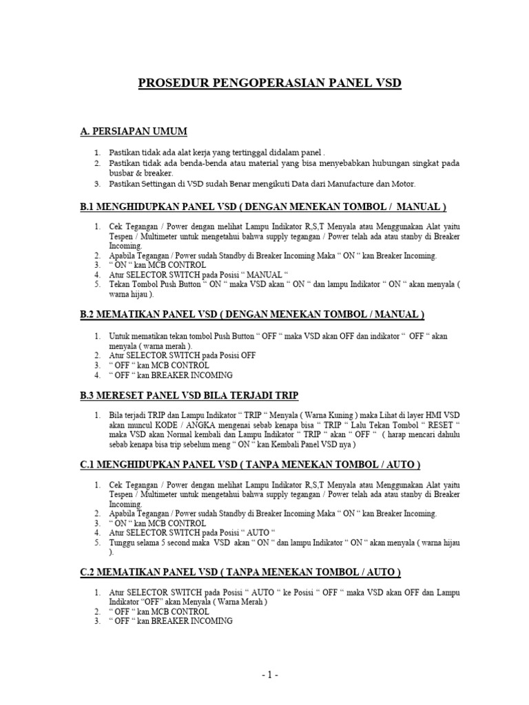 Sop Pengoperasian Panel VSD | PDF