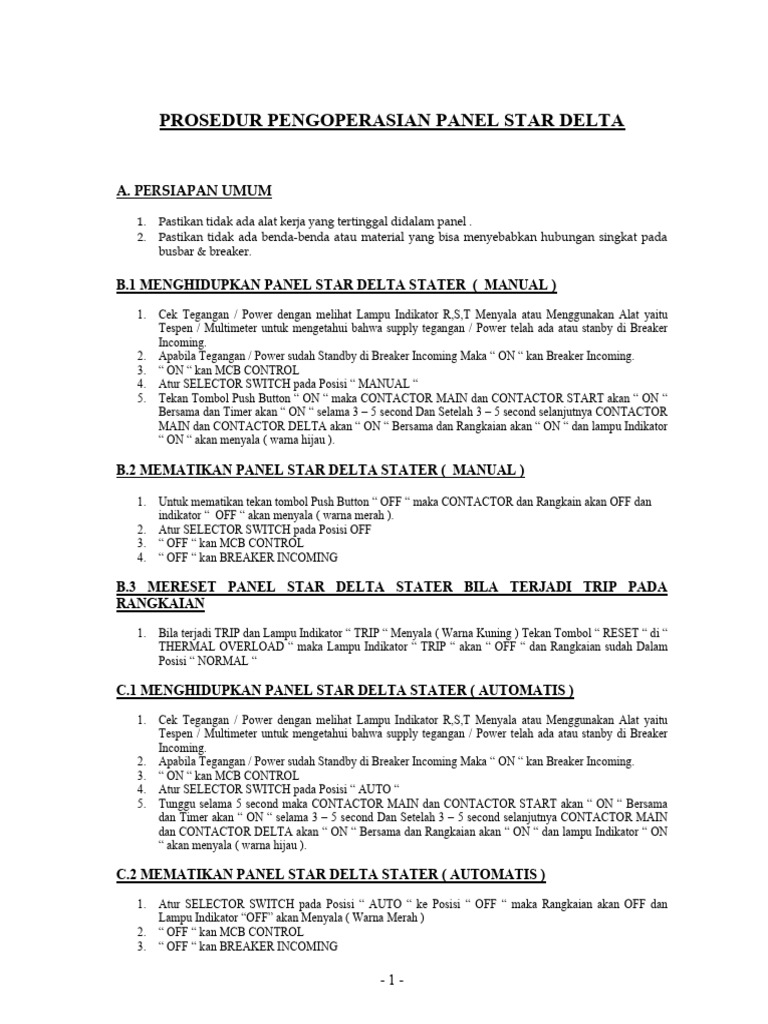 Sop Pengoperasian Panel Stater Star Delta | PDF