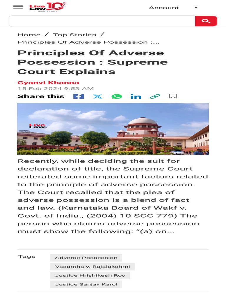 Principles of Adverse Possession Supreme Court Explains | PDF