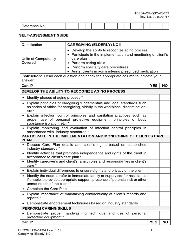 Caregiving NC II Self-Assessment Guide | PDF | Urinary Incontinence | Caregiver