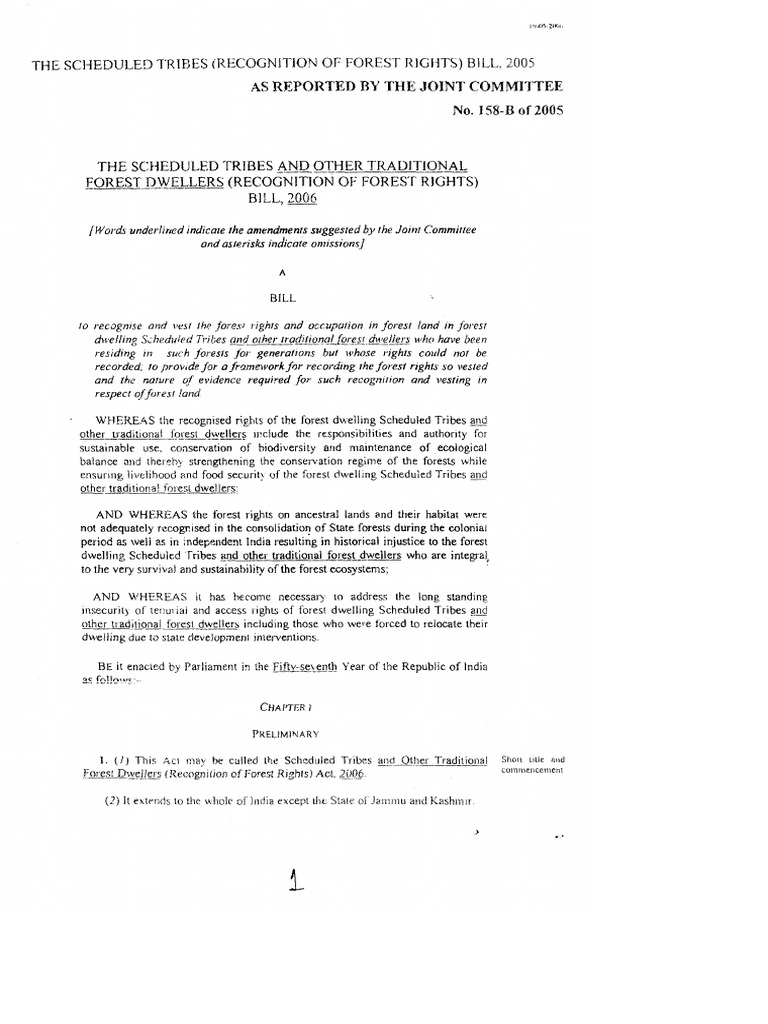 Scheduled Tribes (Recognition of Forest Rights) Bill 2006 (JPC) | PDF